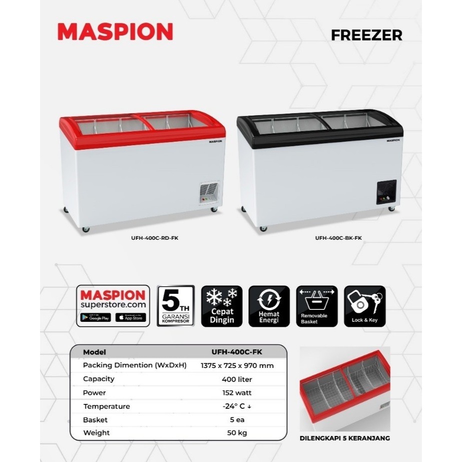 Jual CHEST FREEZER BOX MASPION / FREEZER MASPION 400 LITER Curved Glass ...