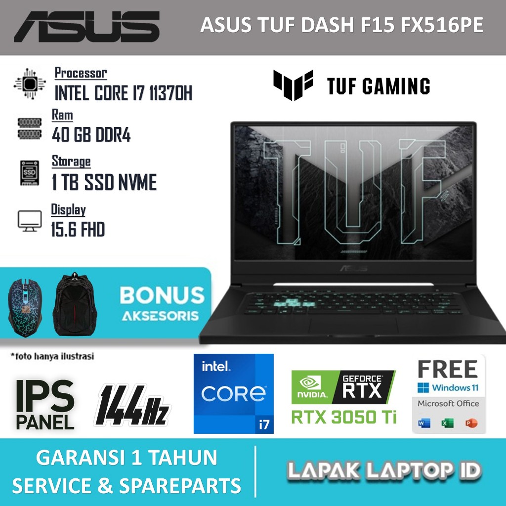 Jual Laptop Gaming Tipis Ringan ASUS TUF Dash F15 FX516PE Intel i7 ...