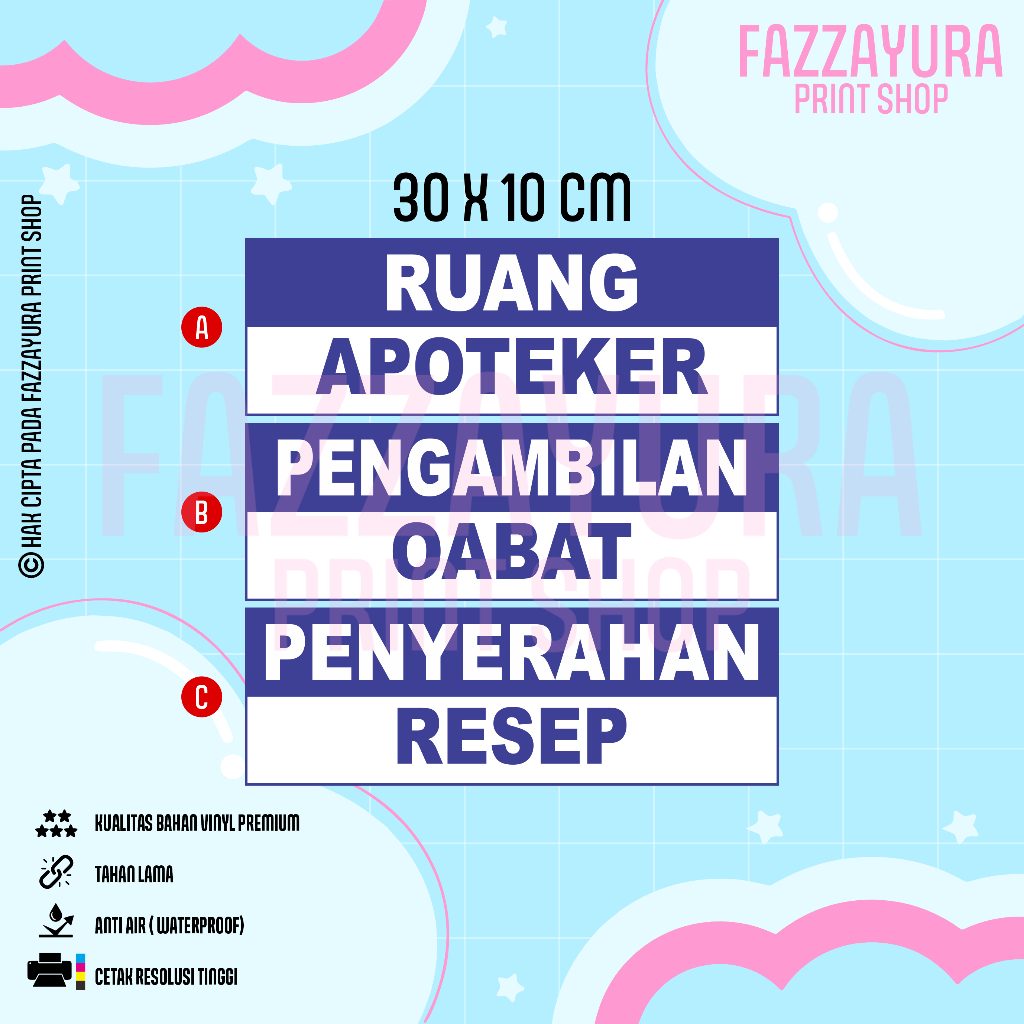 Jual STICKER RUANG APOTEKER, PENGAMBILAN OBAT, PENYERAHAN RESEP 30 X 10 ...