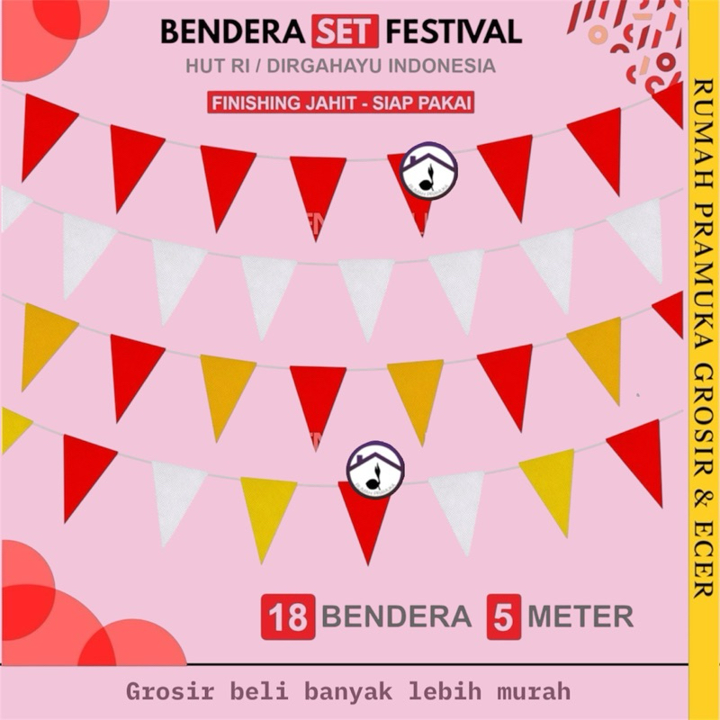 Jual Bendera segitiga renteng merah putih & warna warni 5 meter / bahan kain bendera umbul umbul ...