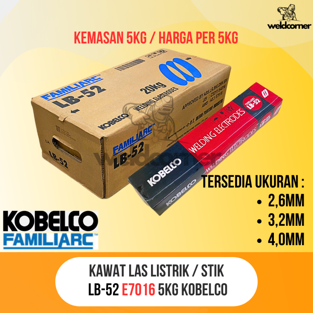 Jual KAWAT LAS KOBE LB52 5KG (2.6MM 3.2MM 4MM) / KAWAT LAS KOBE STEEL LB-52 E7016 2,6 3,2 4,0 ...