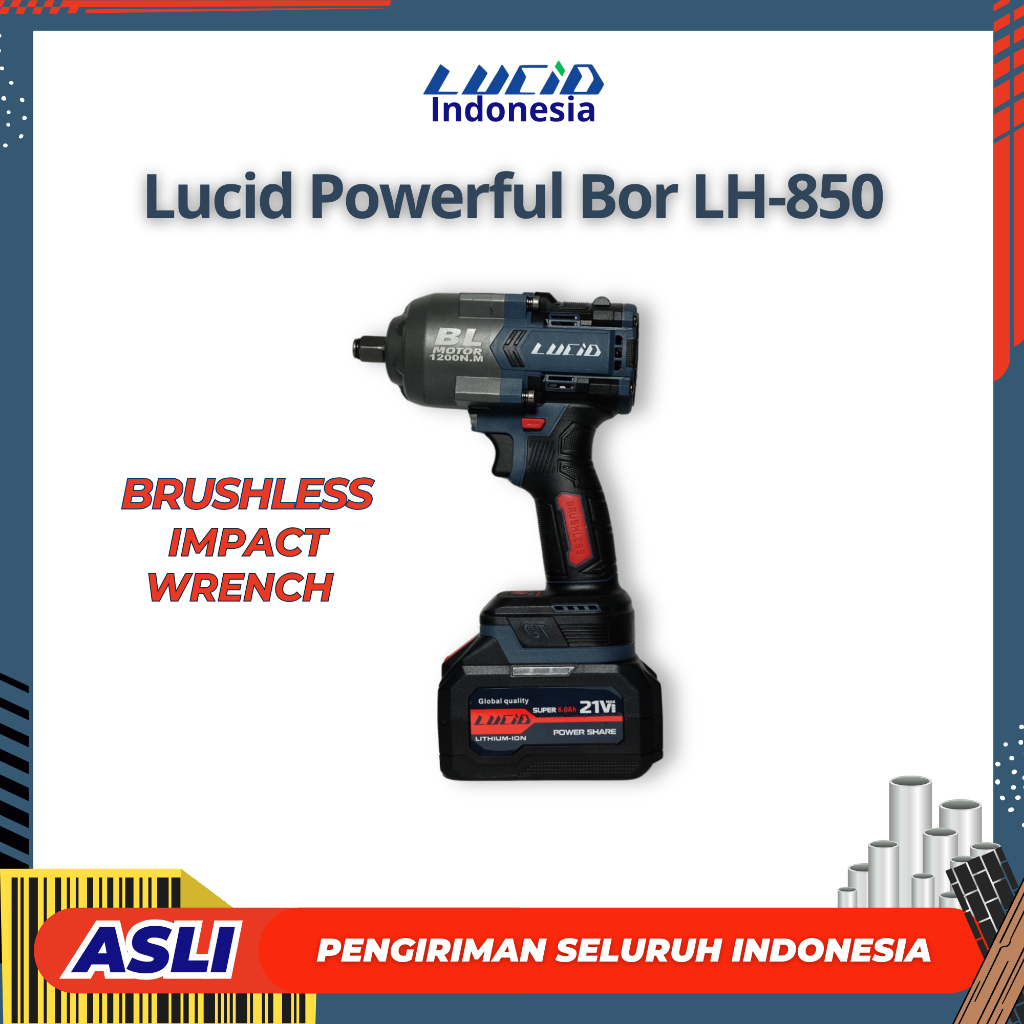 Jual Lucid Bor LH-850, 2 Baterai Powerful Brushless Impact Wrench | 21V Li-ion Baterai 6.0Ah ...
