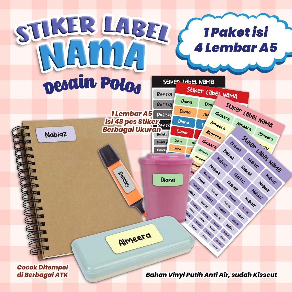 Jual Stiker Nama Desain Polos Berbagai Warna - Stiker Label 1 Paket isi 4 Lembar - kode stiker ...