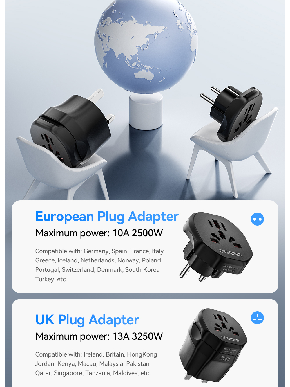 Jual ESSAGER Konverter Listrik Travel Internasional dengan 4 Jenis Plug ...