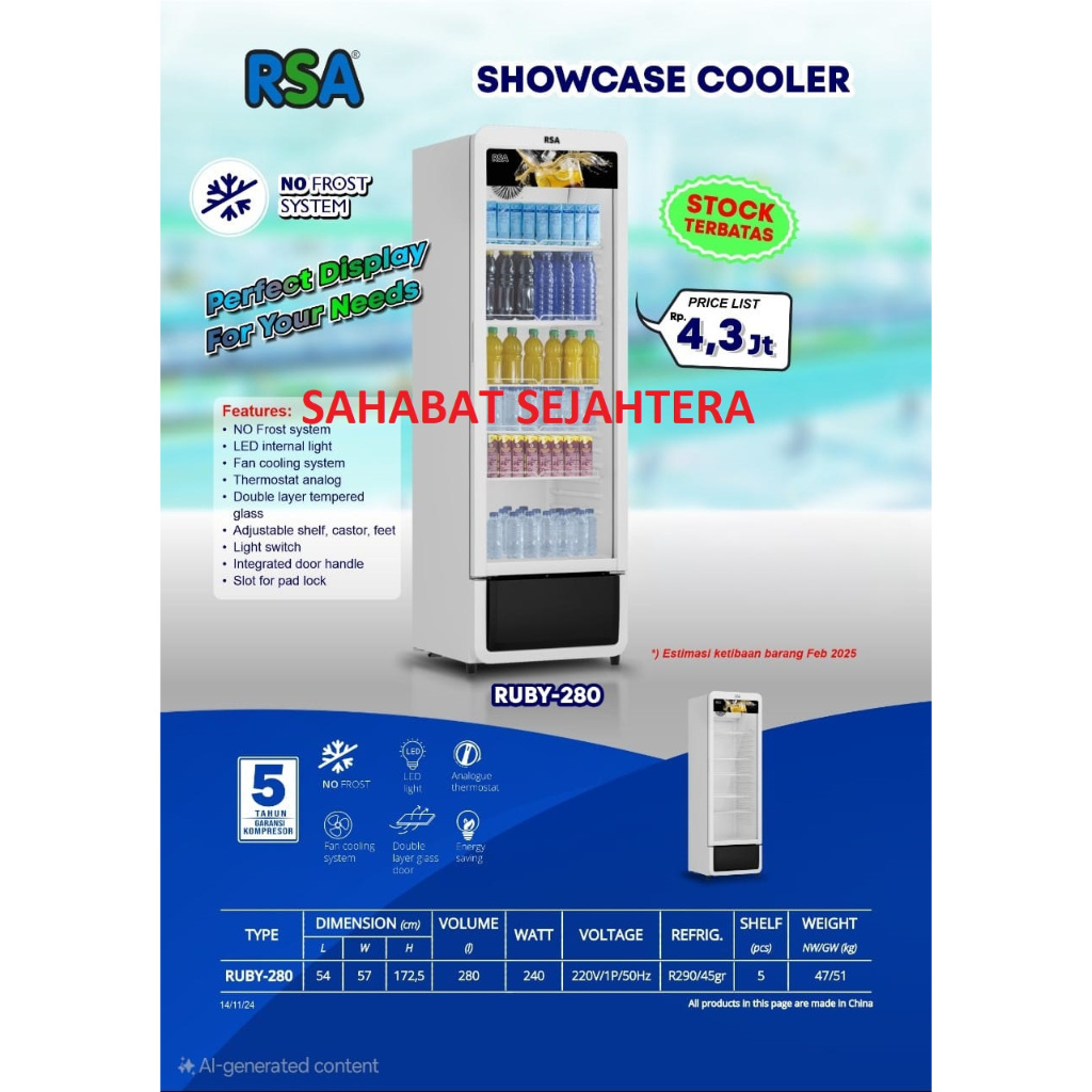 Jual RSA Display Cooler RUBY-280 Kulkas Showcase Minuman 1 Pintu ...