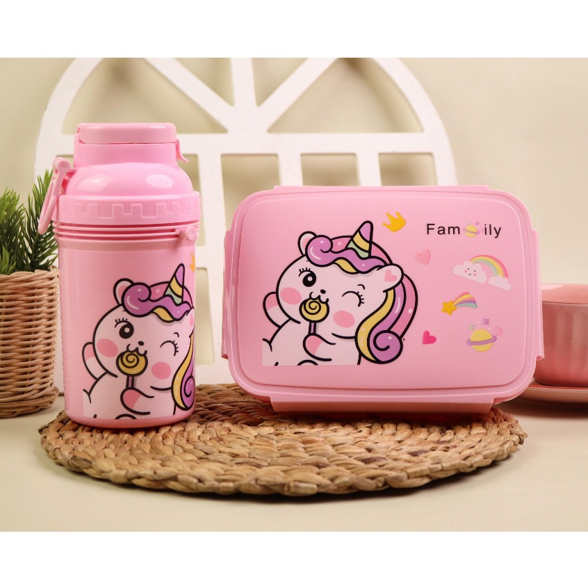 Jual Lunch box set with bottle Kotak makan anak sekolah lengkap botol minum tali sendok & Tas ...