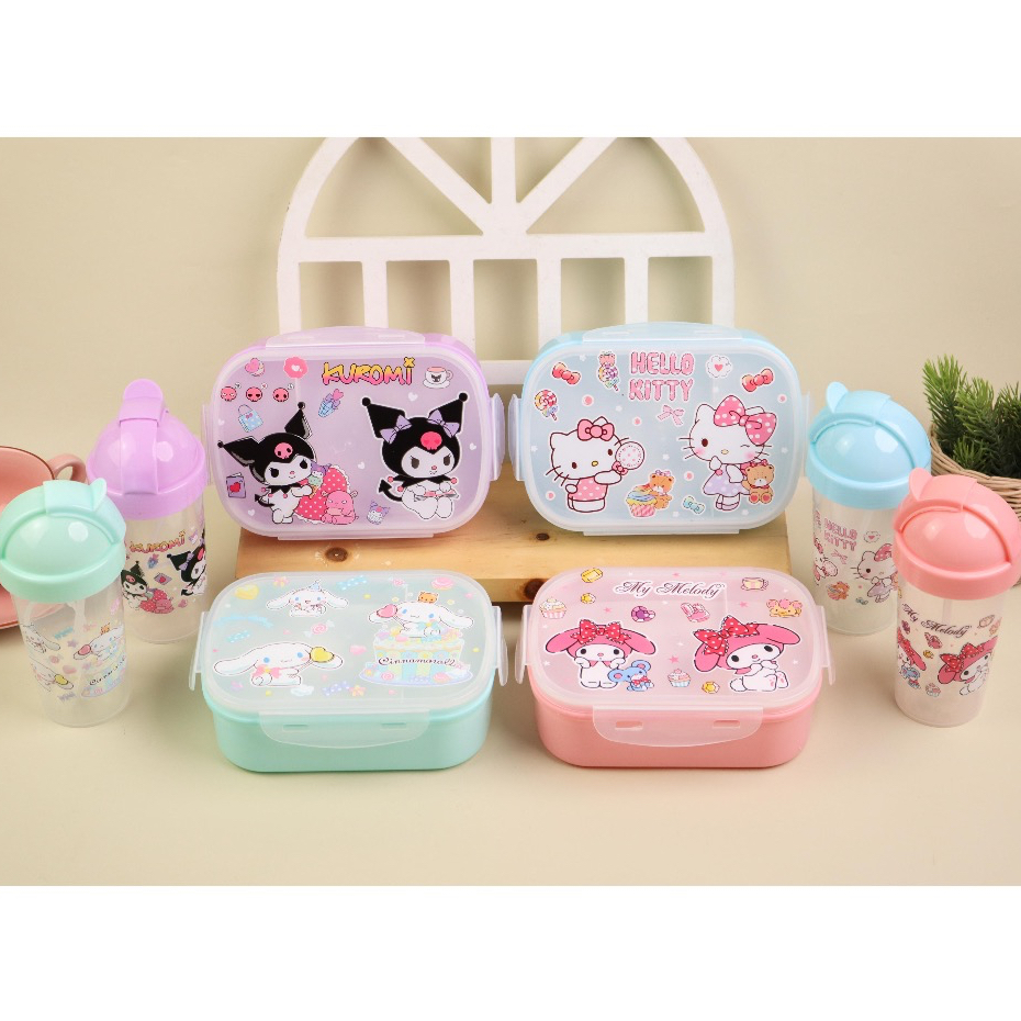 Jual Lunch Box Set With Bottle SANRIO Kotak Makan Anak Sekolah Set Botol Minum Sedotan & Sendok ...