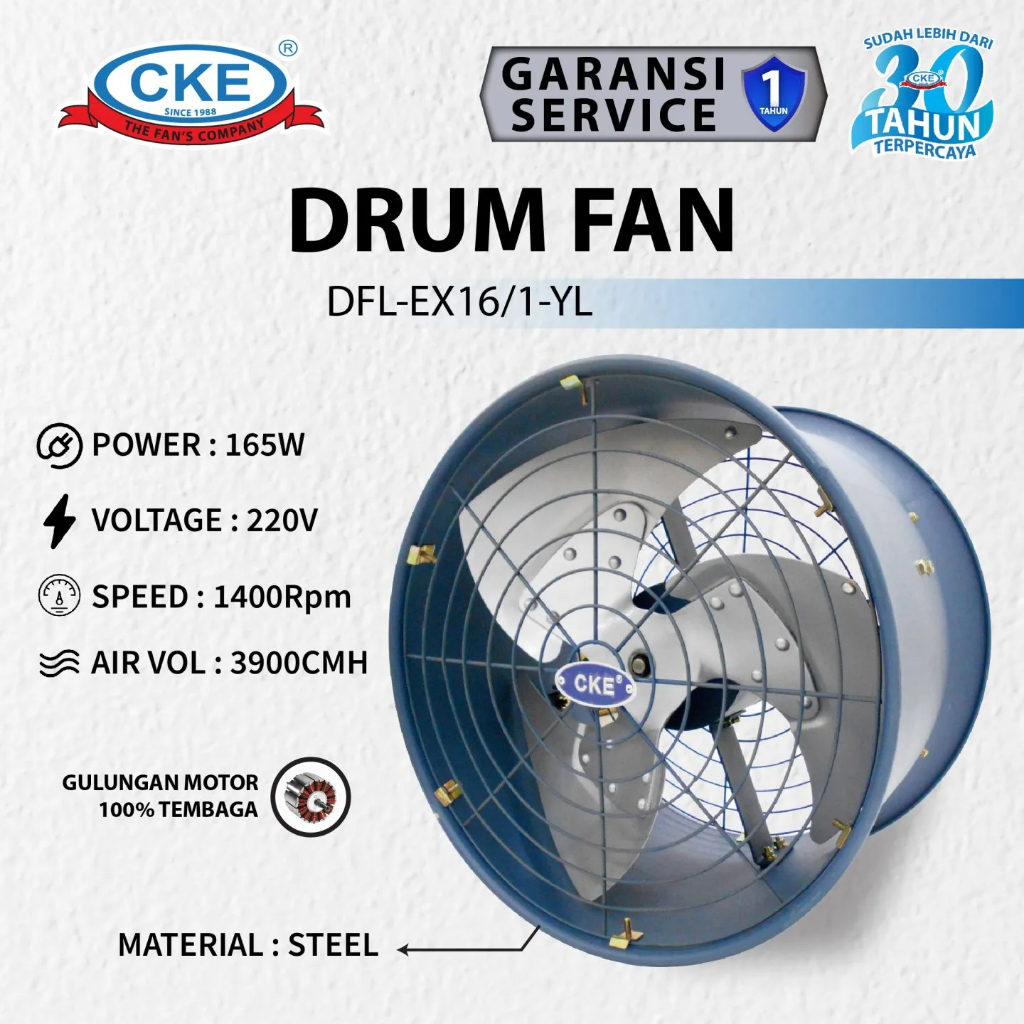 Jual CKE Drum Fan Low Noise DFL-EX16/1-YL 16 Inch 220 Volt Drum fan ...