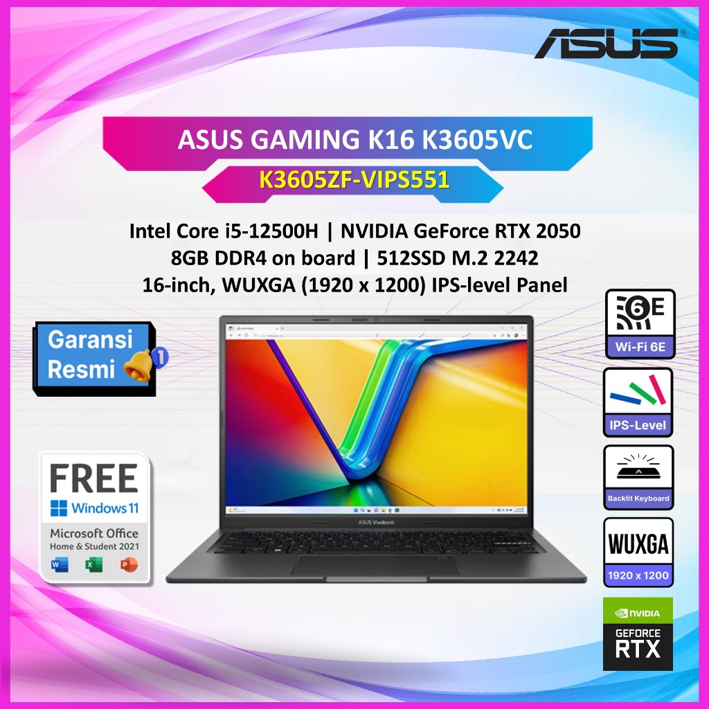 Jual ASUS GAMING K16 K3605ZF I5 12500H RTX2050 4GB/ RAM 8GB 512GB W11+OHS 16" FHD VIPS BLACK ...