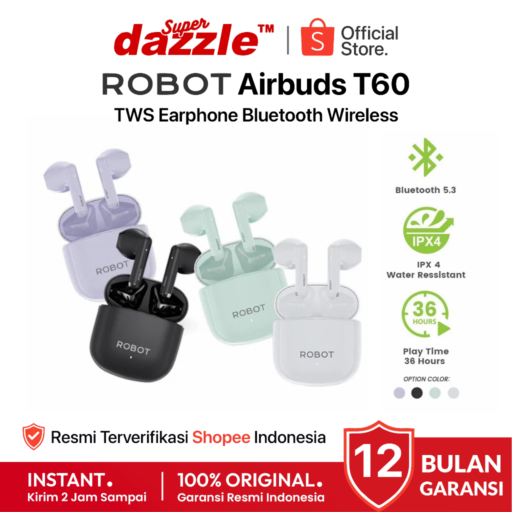Jual ROBOT Airbuds T60 TWS Headset Bluetooth Earphone Wireless Bass ...