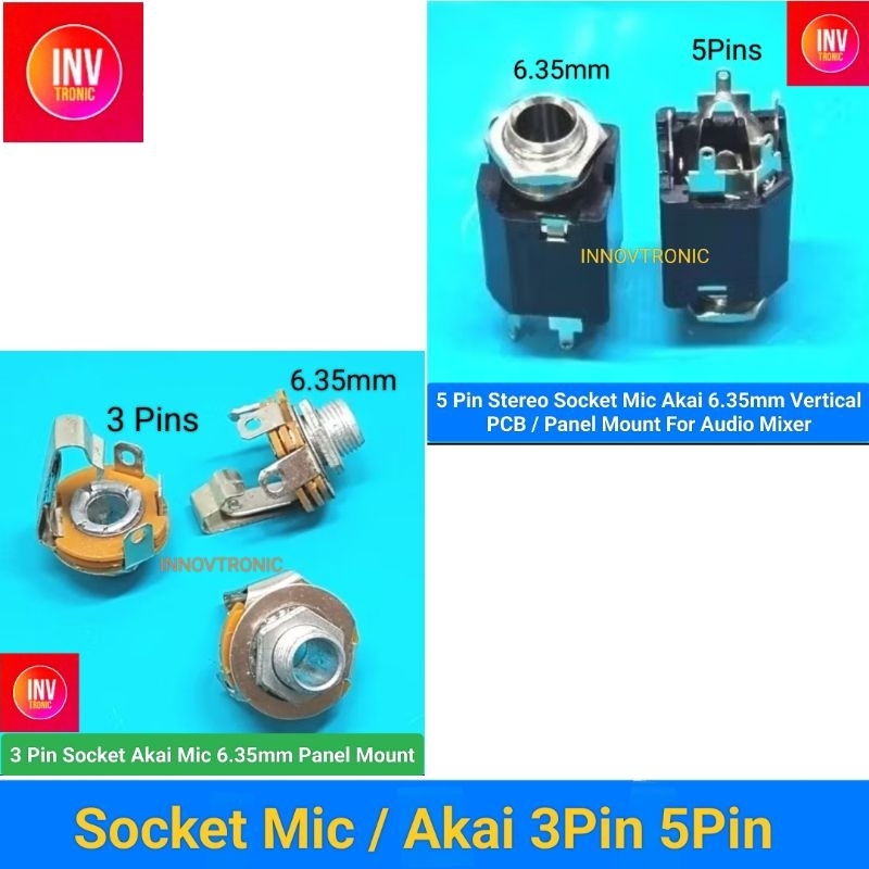 Jual Socket Akai Mono 3 / 5 Pin 6.35mm Vertical Socket Mic Tempel Panel ...