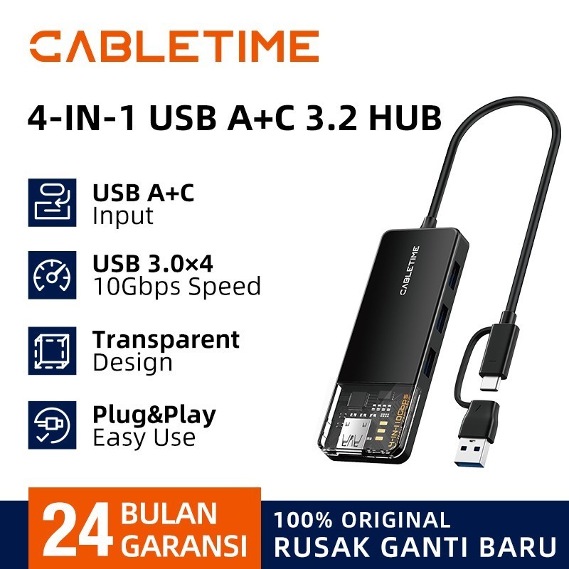 Jual CABLETIME Multiport USB Hub High Speed w/ Power for Windows Mac Linux - CB05 - 4In1 A+C ...