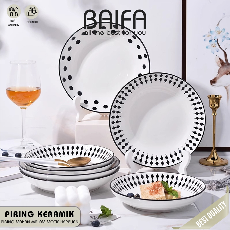 Jual BAIFA - Piring Makan Keramik Black & White Motif Line Polckadot ...