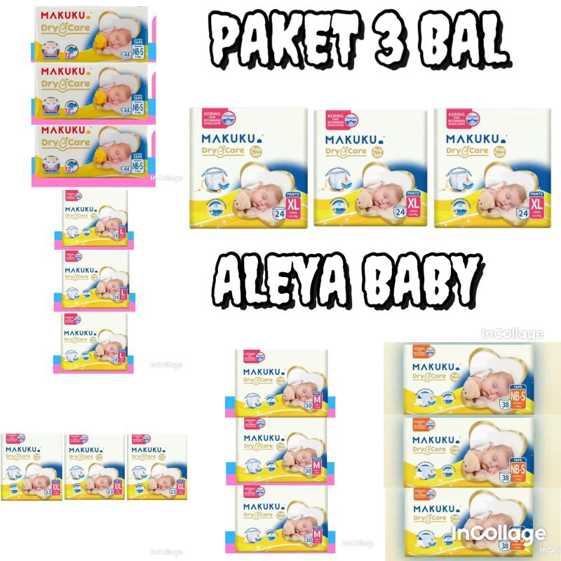 Jual MAKUKU Diapers Dry Care Popok Bayi Perekat PAKET 3 BAL NB-S44/s38/M30/L28/XL24/xxl22 ...