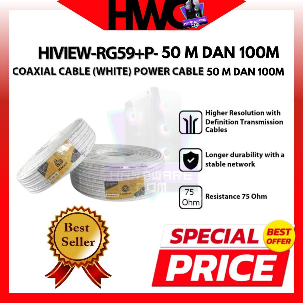 Jual KABEL CCTV HIVIEW RG59 + POWER 50 METER / 100 METER rg59p rg59 p ...