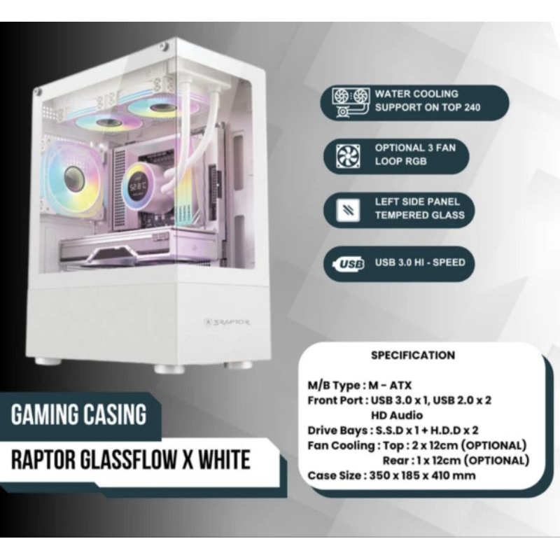Jual Casing PC 3PowerUp Raptor Glass Flow X White (Free 3 Fan Casing ...