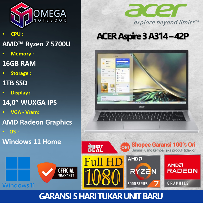 Jual Acer Aspire Slim 3 A314 42P Ryzen 7 5700 16GB 1TB SSD 14,0 WUXGA ...