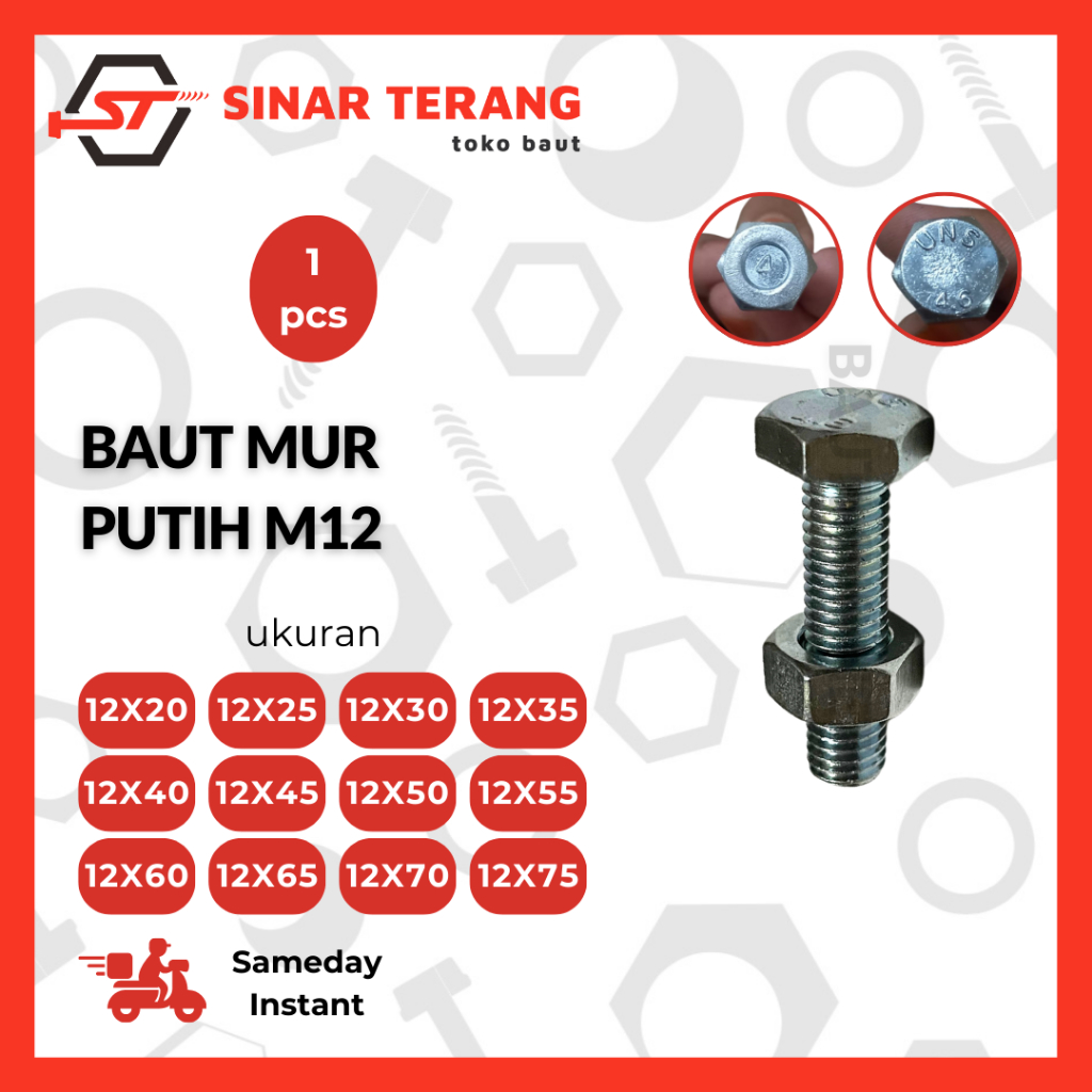 Jual Baut Dan Mur Besi Putih M12 20MM - 110MM - Baut Putih Kunci 19 ...