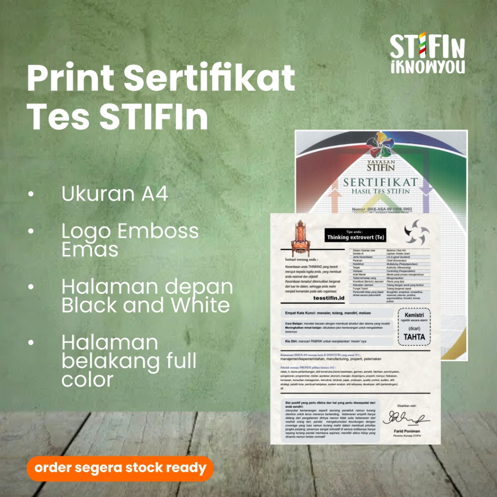 Jual Cetak Sertifikat Hasil Tes STIFIn Bolak-Balik | Shopee Indonesia