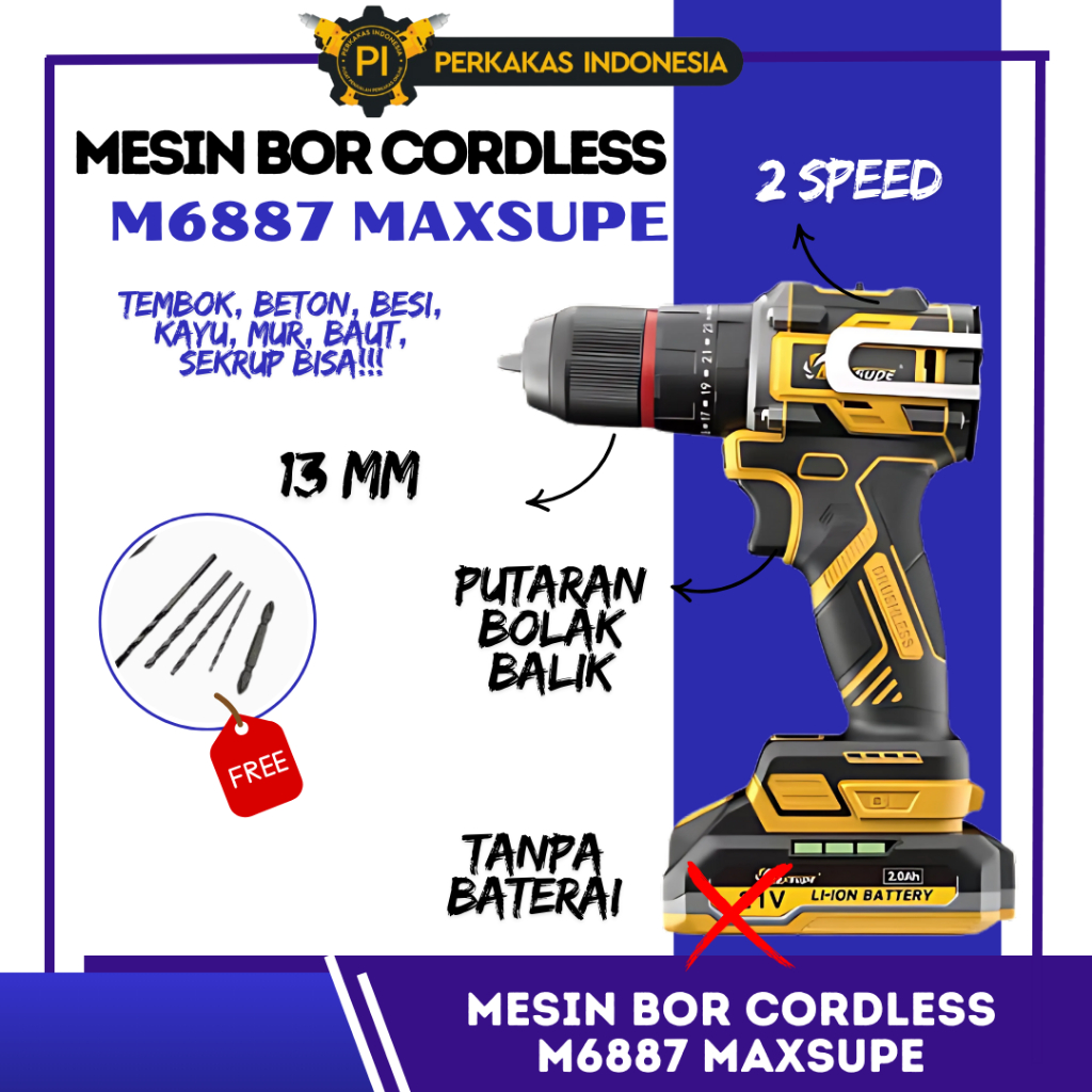 Jual Cordless Hammer Drill Driver MAXSUPE M6887 BRUSHLESS 13MM 20V ...