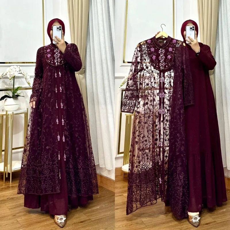 Jual COD GAMIS SET OUTHER TERPISAH FULL BRUKAT PAYET // Gamis Burgundy ...