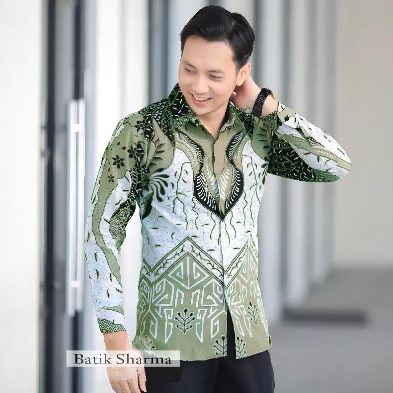 Jual Sharma Kemeja Batik Pria Lengan Panjang Dasi Hijau Formal SlimFit ...