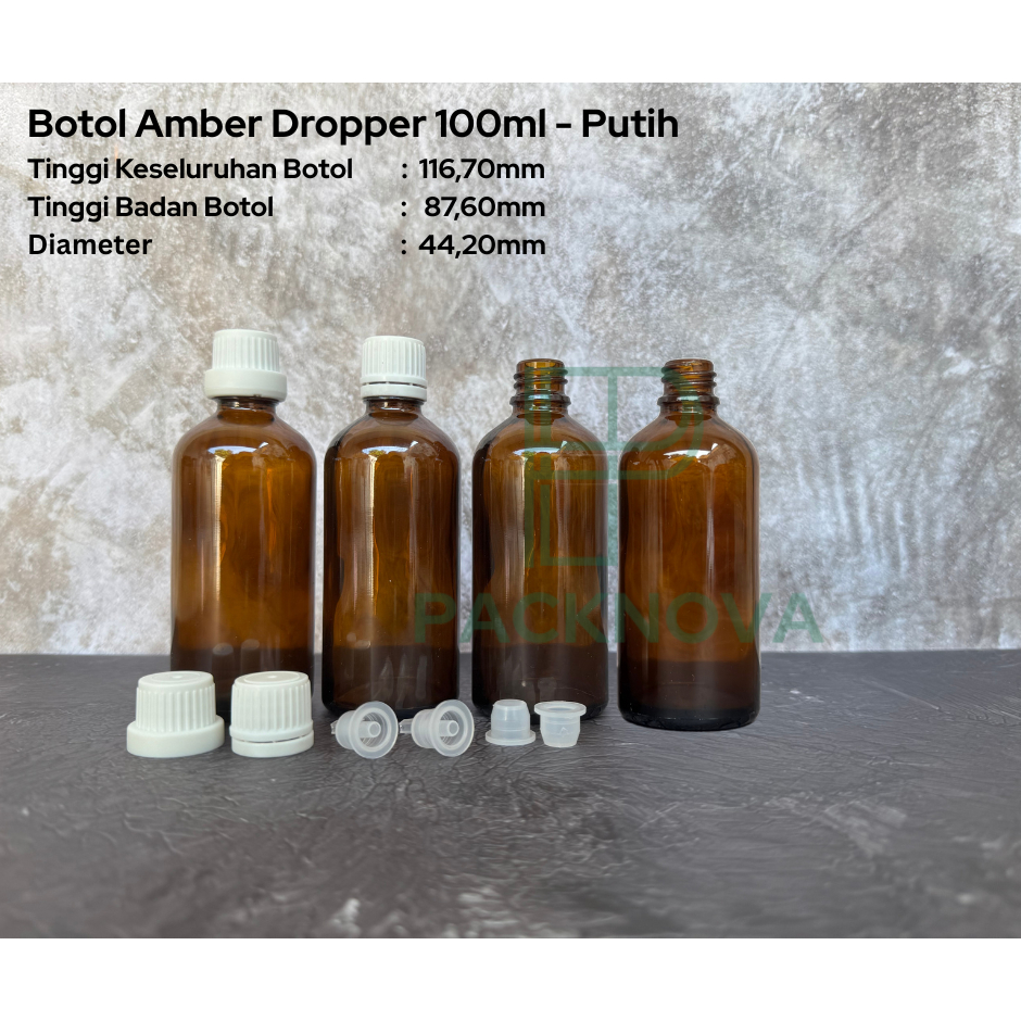 Jual Botol Kaca Amber 100ml / Botol Essential Oil Tutup Putih Lebar / Tutup Putih Ramping ...