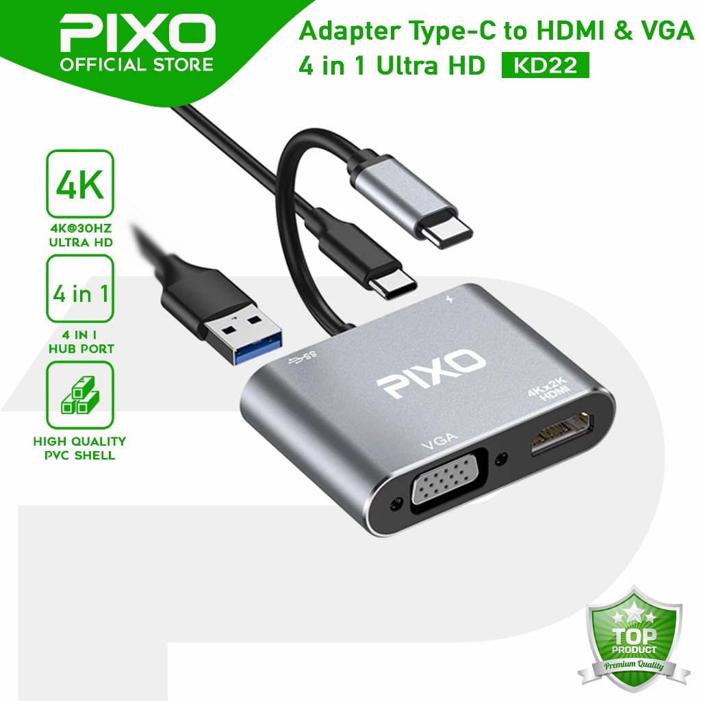 Jual PIXO Kabel Converter 4 IN 1 USB C Type-C To HDMI VGA HUB Adapter ...