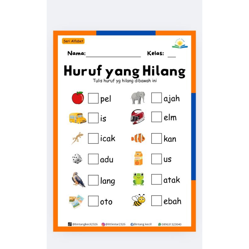 Jual Worksheet Anak tema Melengkapi Huruf usia 2 3 4 5 6 tahun untuk TK ...