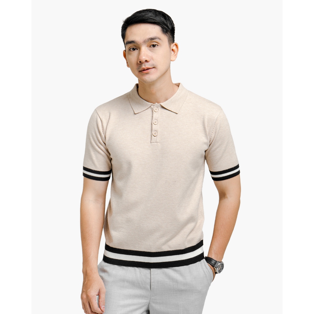 Jual Gomuda Sweater Rajut Pria Viscose Boxy Polo Stripe - Beige ...