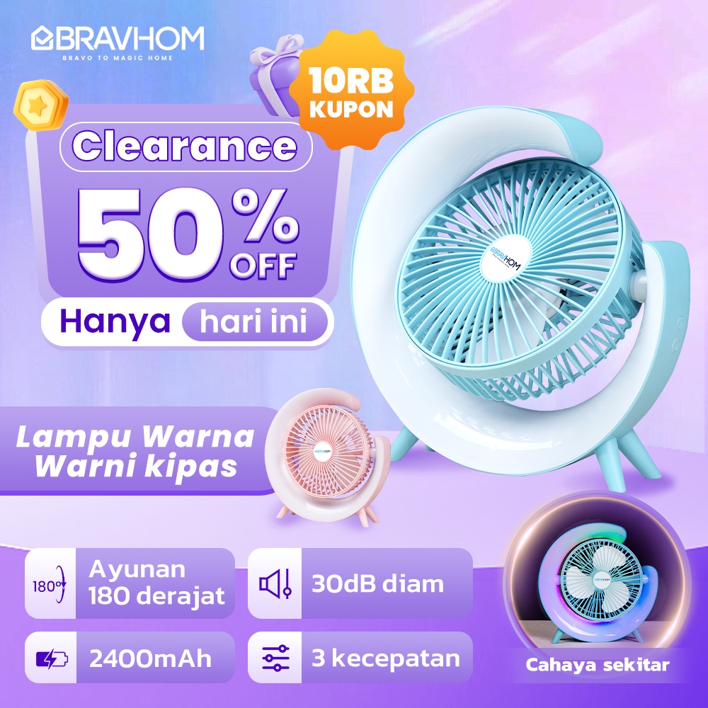 Jual BRAVHOM Kipas Angin Meja 2400mAh 2IN1 Cahaya Sekitar Lampu + Kipas ...