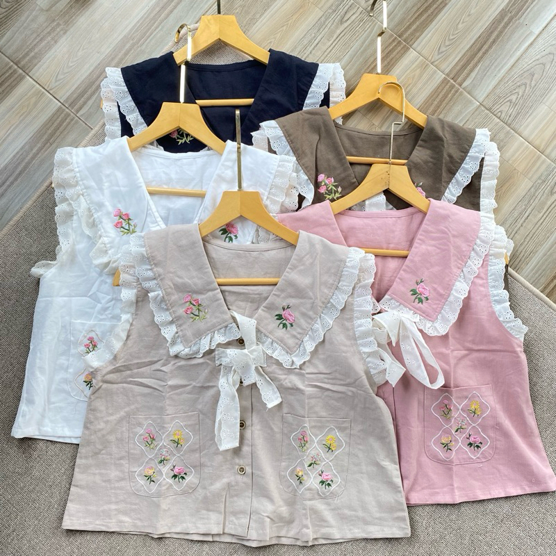 Jual ZIVA VEST FLORAL ROMPI LINEN RENDA BORDIR | Shopee Indonesia