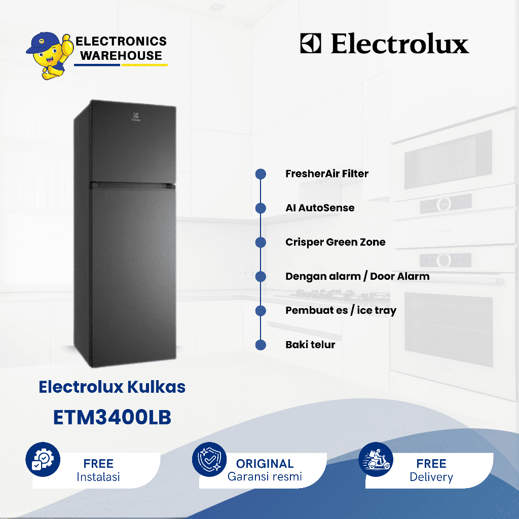 Jual Electrolux ETM3400L-B Kulkas 2 Pintu 341L Top Freezer Inverter AI ...