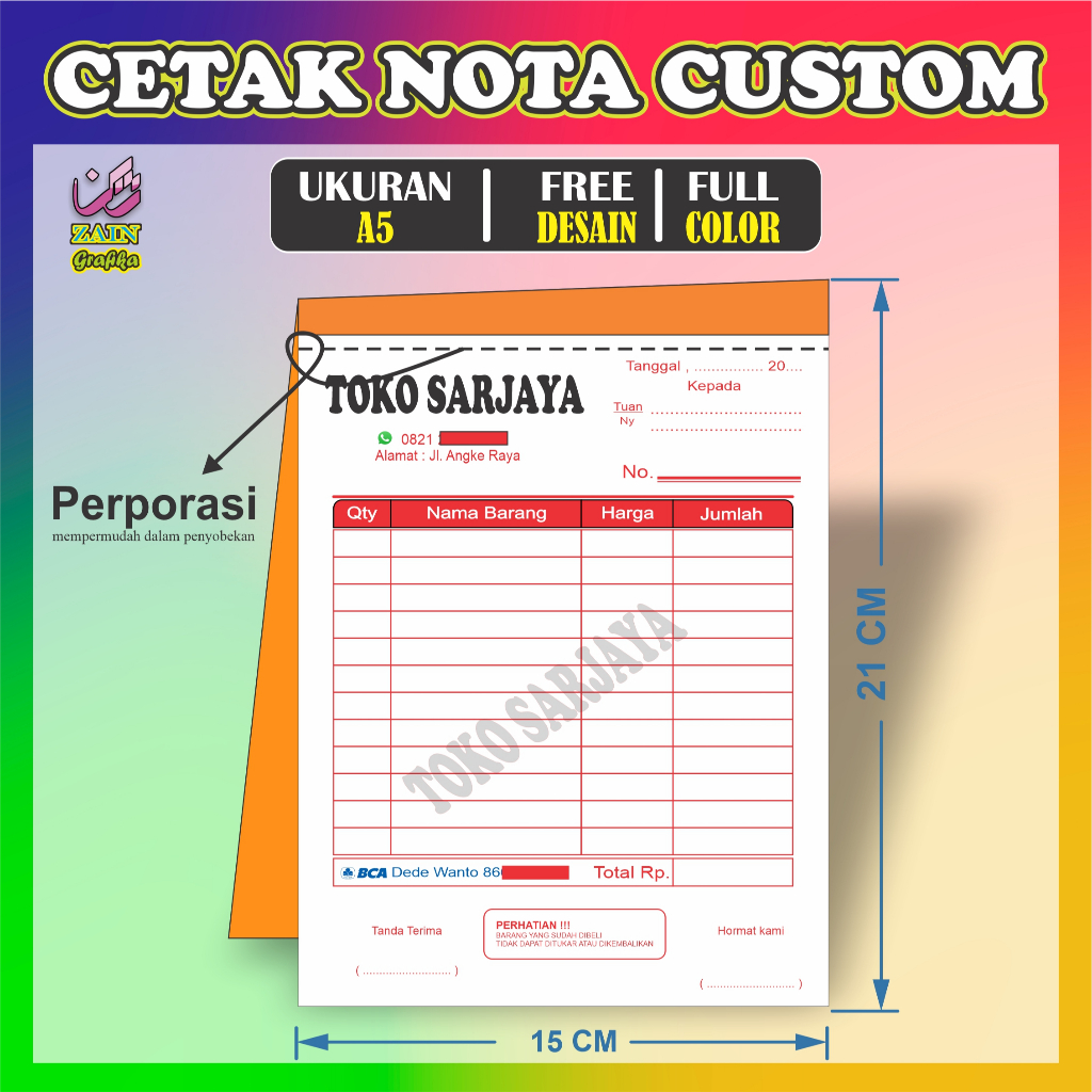 Jual cetak nota ukuran A5 custom desain full warna, invoice, surat ...