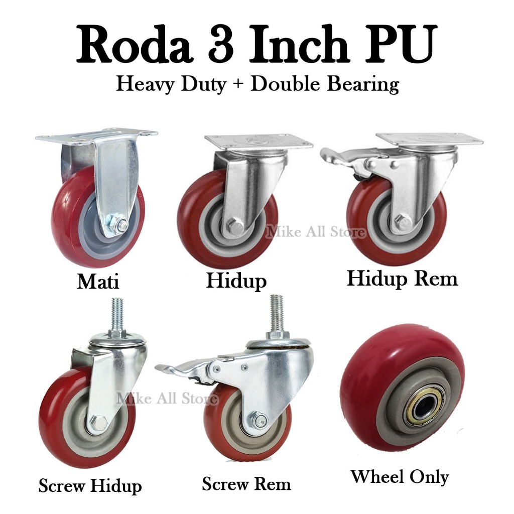Jual Roda 3 inch PU (Wheel only/MATI/HIDUP/REM/Screw)Heavy Duty+Double ...