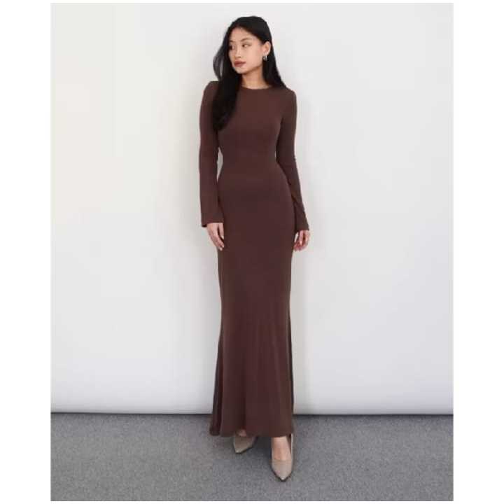 Jual Long Dress - Slim Fit Gaun Wanita Rib Knit Casual Basic Dress ...