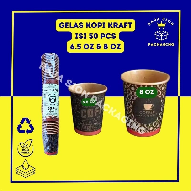 Jual Paper Cup Kopi 6.5 OZ 8 OZ / Gelas Kopi Kertas Anti Panas Kraft Isi 50 PCS | Shopee Indonesia