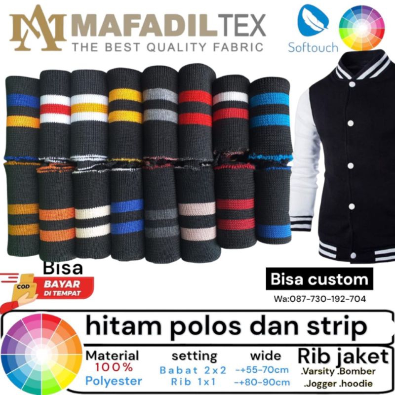 Jual Kain Rib/bur 1x1 babat 2x2 hitam polos dan strip bahan polyester ...