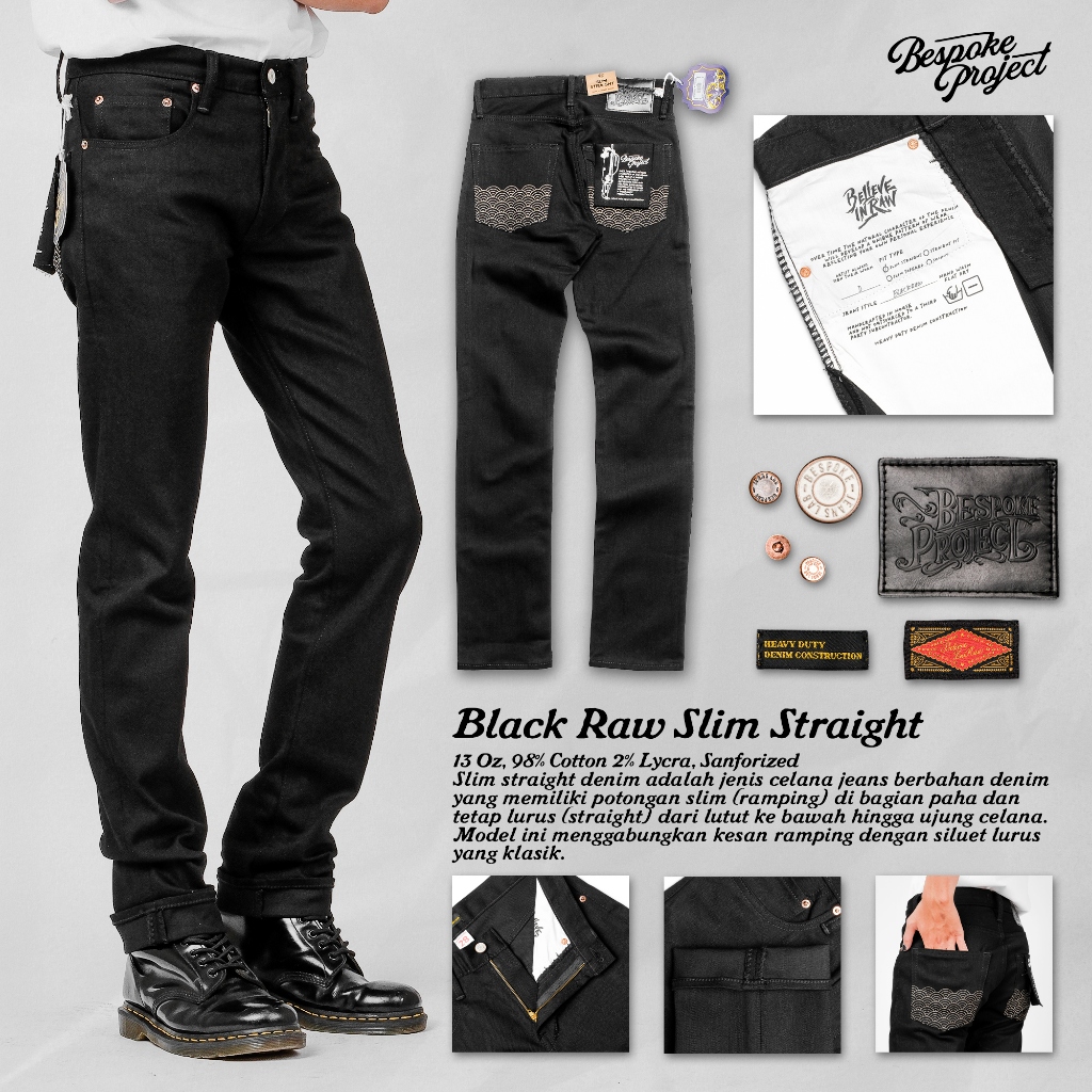 Jual Bespoke Project - Celana Jeans pria hitam Black Raw denim | Shopee ...