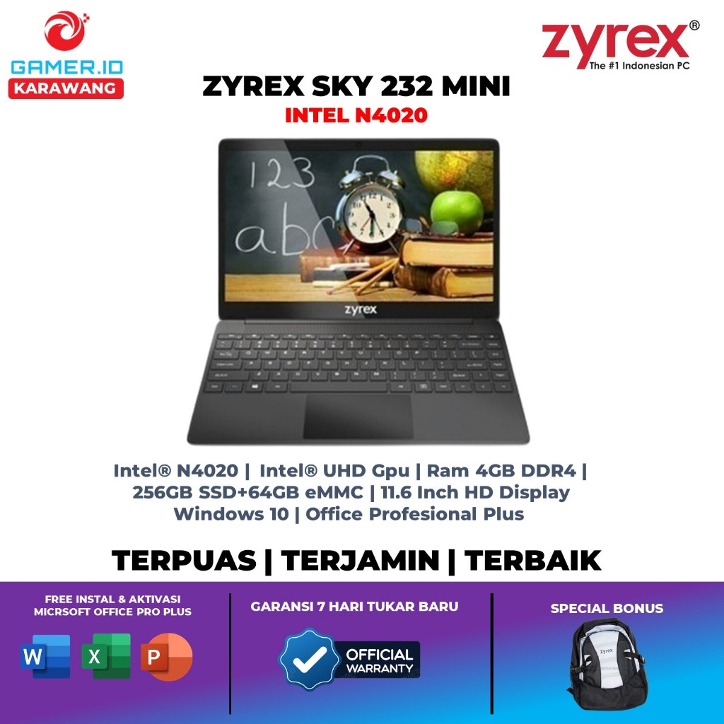 Jual Laptop Zyrex Sky 232 Mini Intel Celeron N4020 Ram 4GB SSD 256GB eMMC 64GB Win10 Office 11.6 ...