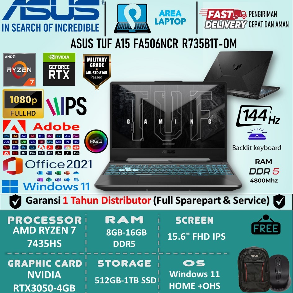 Jual Laptop Gaming asus Tuf A15 FA506N AMD Ryzen 7 7435HS Ram 32GB 1TB ...