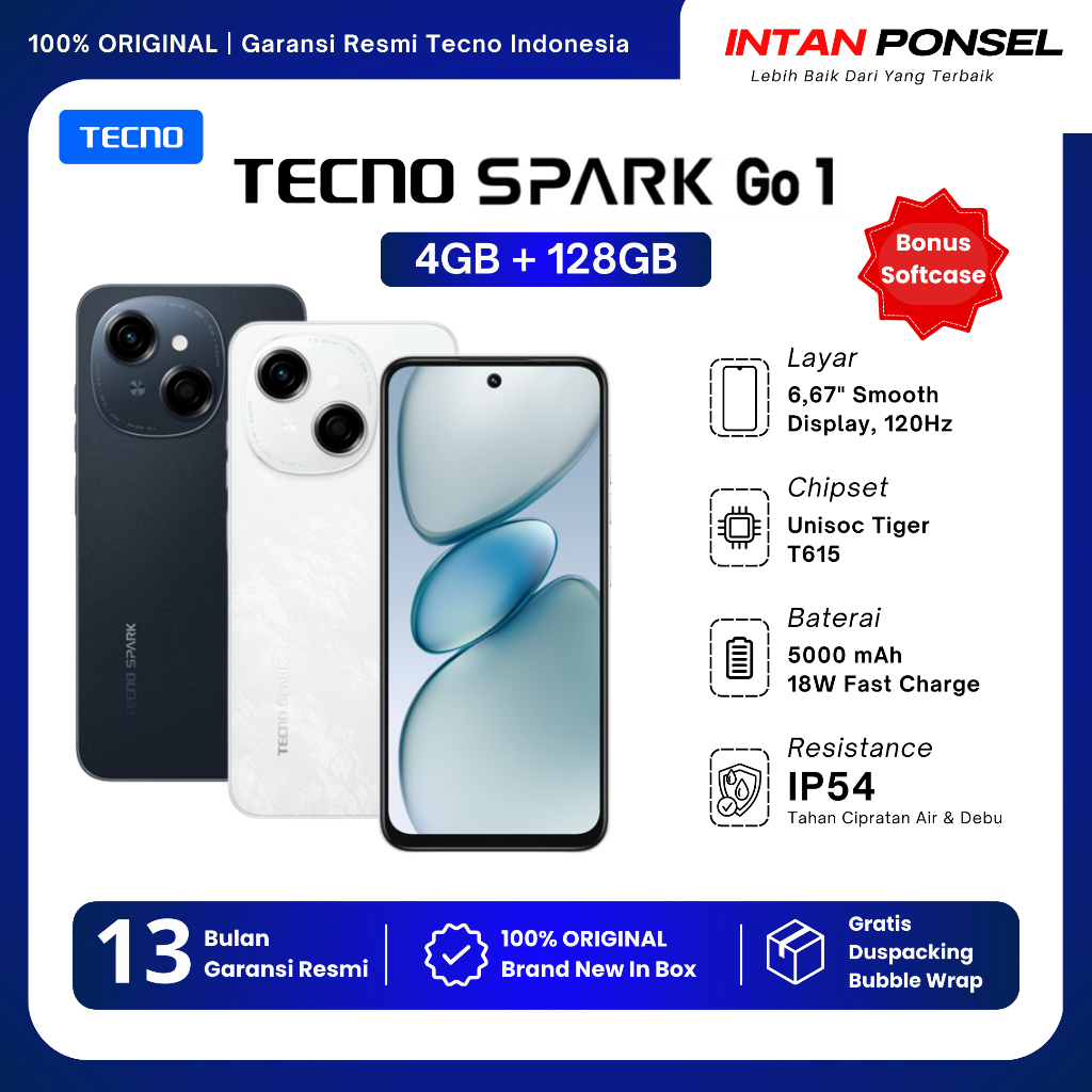 Jual TECNO SPARK GO 1 (4GB+4GB/128GB) 4.5G Network | 120Hz Display | IP54 Resitance | Garansi ...