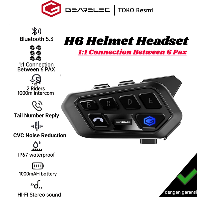 Jual GEARELEC H6 Bluetooth intercom helm headset 6 riders connection 2 ...