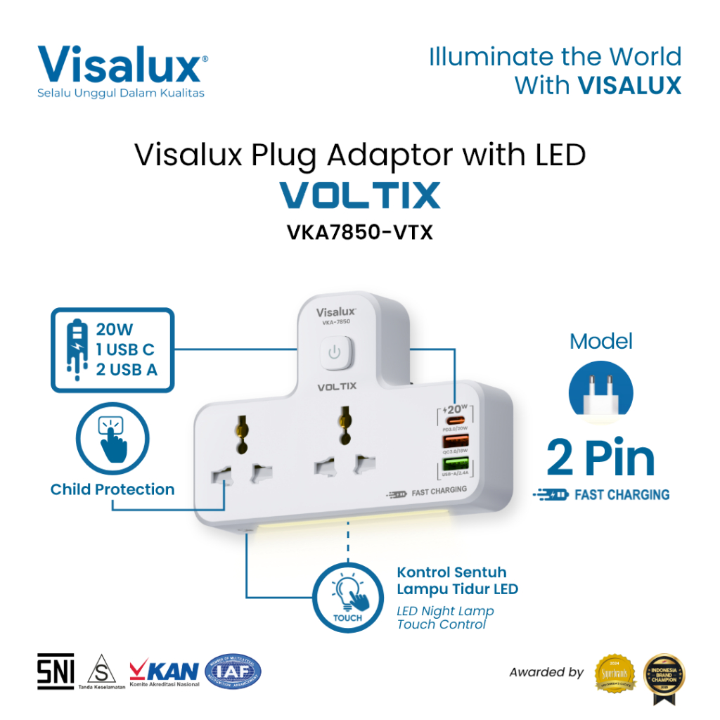 Jual Visalux Voltix Plug Adaptor with LED (2 Pin) Type C + USB A Fast Charging / Steker Stop ...