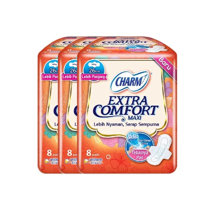 Jual [3 packs] Charm Pembalut Extra Comfort Maxi 26cm Wing 8 pads ...