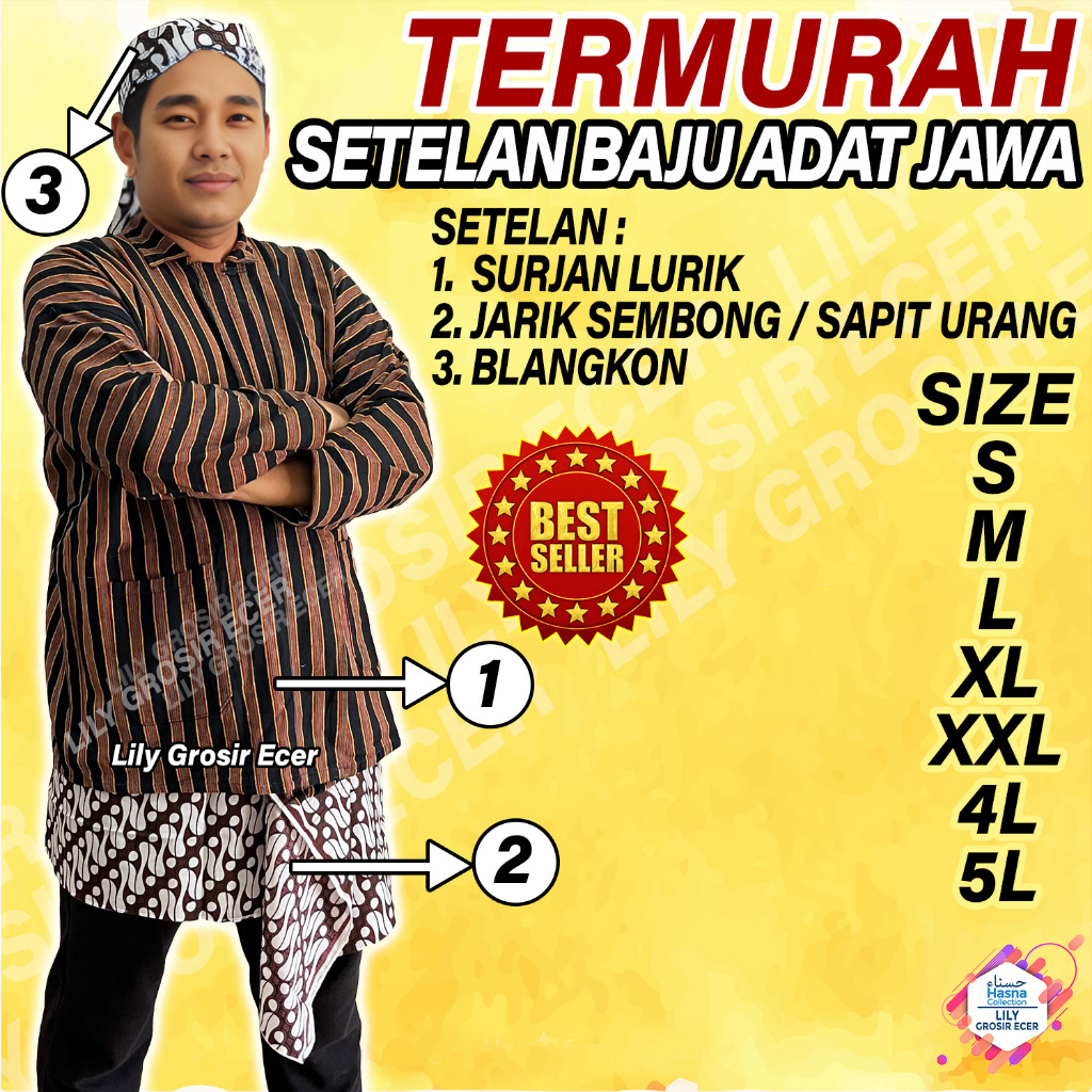 Jual Setelan Baju Surjan Lurik Dewasa + Jarik Tapih Sembongan + Blangkon Busana Adat Jawa Elegan ...