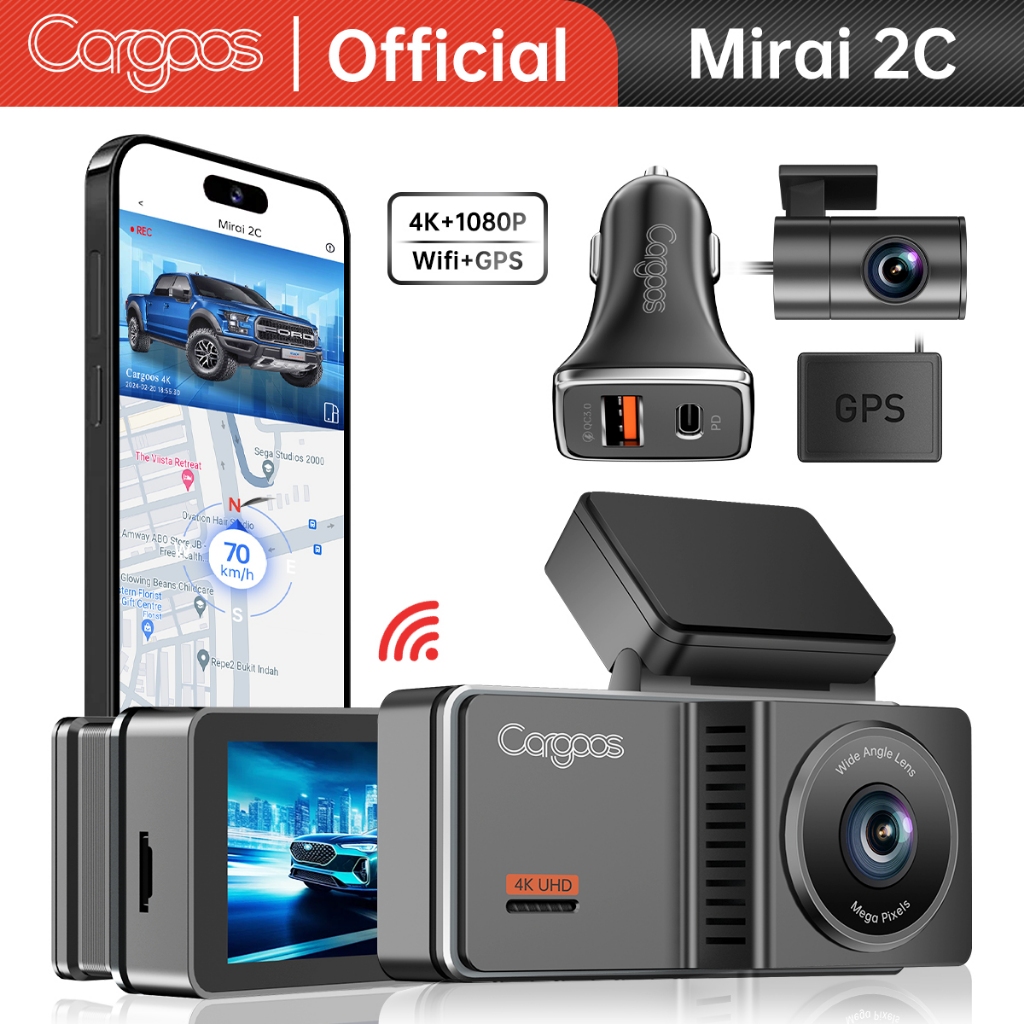 Jual Cargoos Mirai 2C Dashcam 4K+1080P GPS WiFi layar 3.7'' Dual Kamera ...