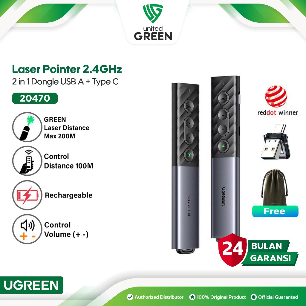 Jual UGREEN Laser Pointer Wireless Presenter Remote Presentasi Green Dot 2.4GHz 200 meters Type ...