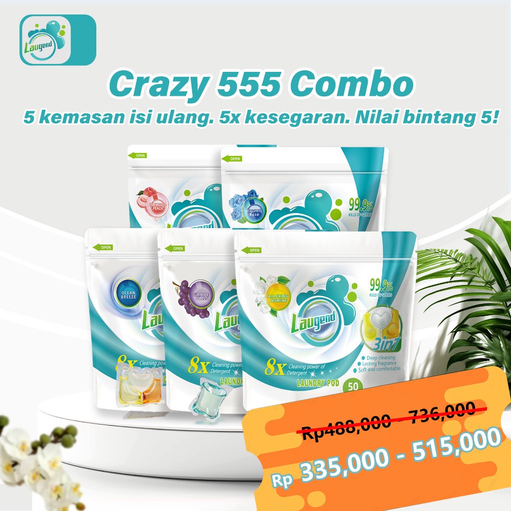 Jual 【Crazy 555 Combo】Laugend Laundry Pod 3-in-1/Classic dengan, Refill bag, Pembersih Baju ...