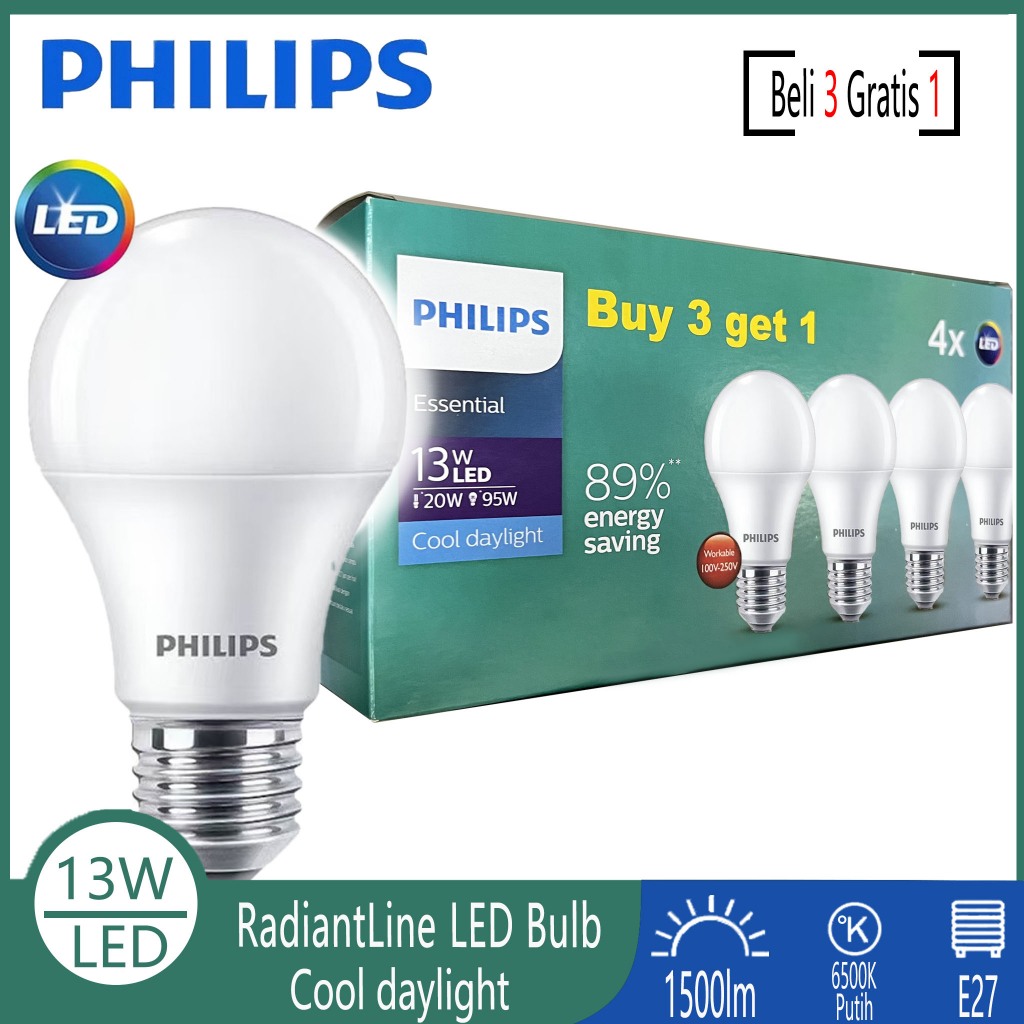 Jual Lampu led philips 【3 gratis 1】Paket 13 Watt 8W 12W 6500K 【Cahaya ...